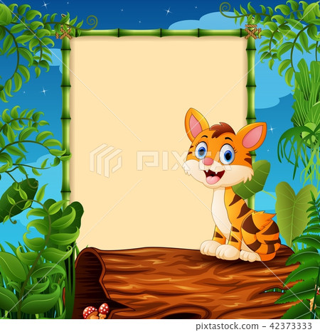 Tiger sitting on hollow log near the empty framed - Stock Illustration ...