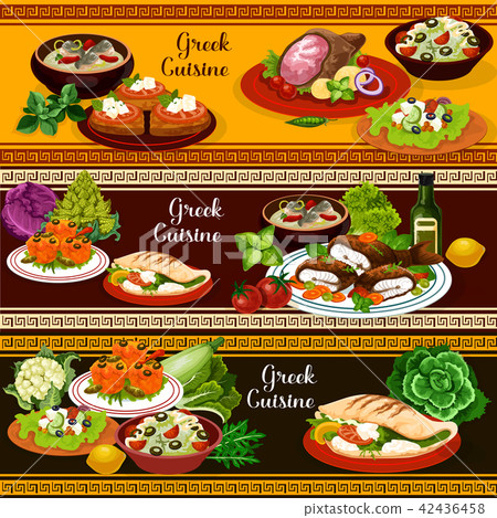 Greek cuisine banners, mediterranean food dishes - Stock Illustration ...