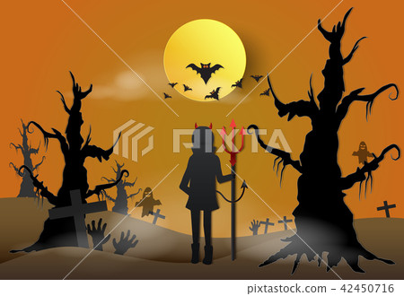 Young devil in dark forest Halloween background - Stock Illustration ...