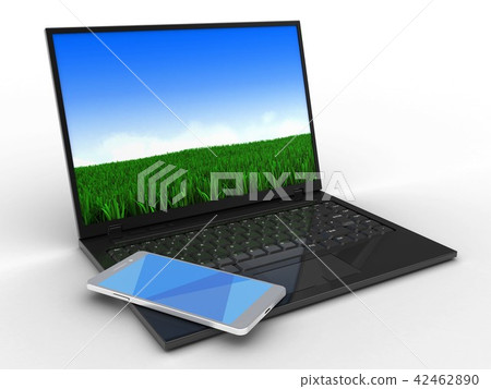3d illustration of computer with mobile phone - Stock Illustration ...