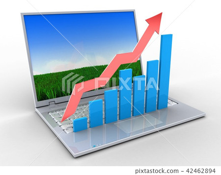 3d illustration of laptop with rising charts - Stock Illustration ...