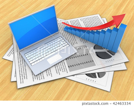 3d illustration of documents and computer - Stock Illustration ...