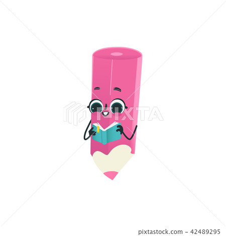 Cute pink pencil cartoon character reading book... - Stock Illustration ...