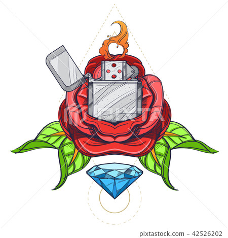 Hand drawn vintage lighter with roses and diamond. - Stock Illustration ...