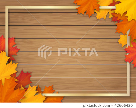 autumn leaves and golden frame on brown wooden... - Stock Illustration ...