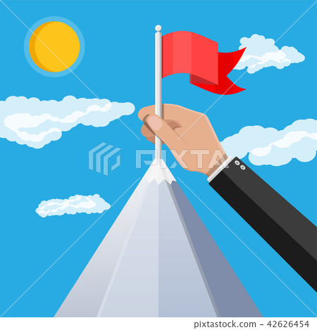 Businessman hand puts flag on peak of mountain. - Stock Illustration ...
