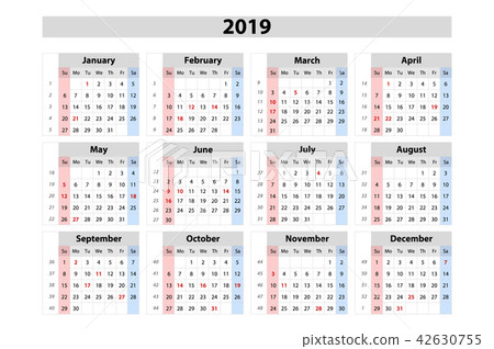vector calendar 2019, Week starts from Sunday-插圖素材 [42630755] - PIXTA圖庫
