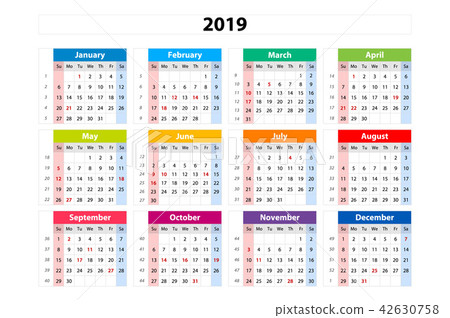 vector calendar 2019, Week starts from Sunday - Stock Illustration ...