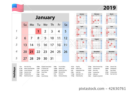 vector calendar 2019, Week starts from Sunday - Stock Illustration ...