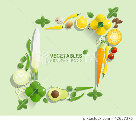 Flat lay Fresh vegetables on green background - Stock Illustration ...