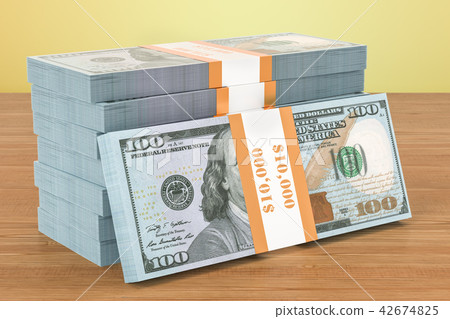 Dollar packs on the wooden table. 3D rendering - Stock Illustration ...