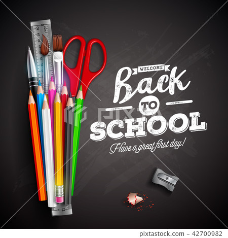 Back to school design with colorful pencil, pen... - Stock Illustration ...
