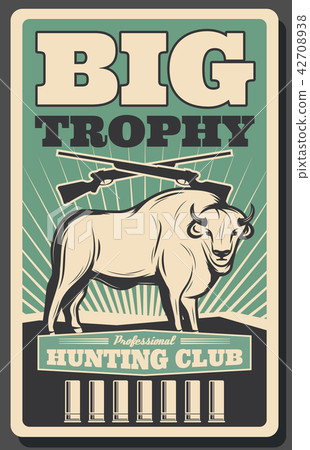 Hunting club retro banner with bison, hunter rifle - Stock Illustration ...