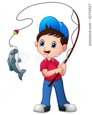 Vector illustration of Cute cartoon boy fishing - Stock Illustration ...