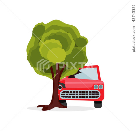 Red passenger car crashed into big green tree.... - Stock Illustration ...