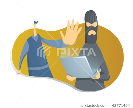 A hacker with a laptop and a police officer,... - Stock Illustration ...