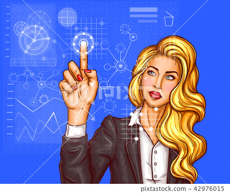 Business woman pressing on virtual holographic... - Stock Illustration ...