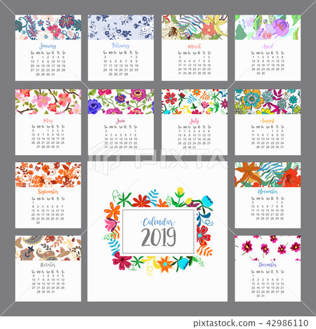 Calendar 2019. Floral calendar with colorful... - Stock Illustration ...