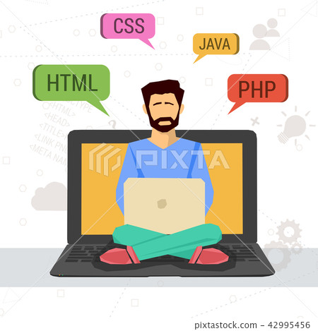 Vector illustration of programmer with laptop - Stock Illustration ...