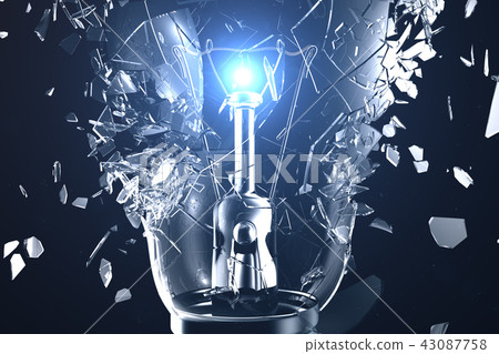 3D illustration Exploding light bulb on a blue... - Stock Illustration ...