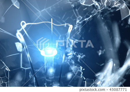 3D illustration Exploding light bulb on a blue... - Stock Illustration ...