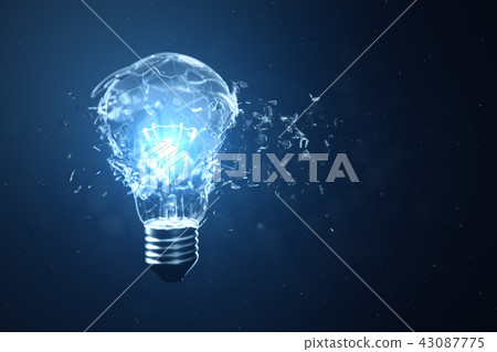 3D illustration Exploding light bulb on a blue... - Stock Illustration ...