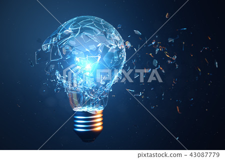 3D Illustration Exploding light bulb on a blue... - Stock Illustration ...