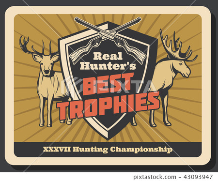 Hunting vector poster with rifle, elk and deer - Stock Illustration ...