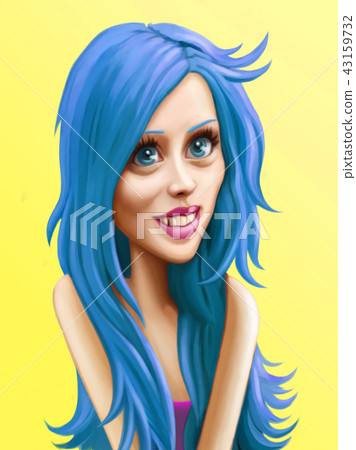 Cute blue-haired girl. Funny cartoon illustration. - Stock Illustration ...
