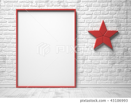 Canvas frame, red star decor and brick wall. 3D - Stock Illustration ...