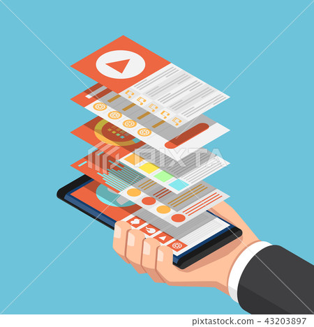 Hand and smartphone with mobile app layer - Stock Illustration ...
