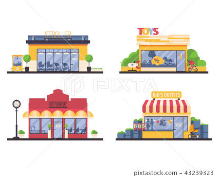 Kids shop store front collection. Vector flat set - Stock Illustration ...