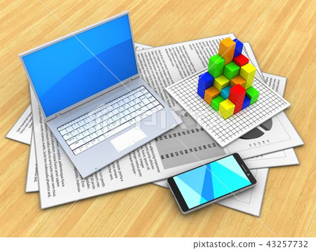3d illustration of documents and computer - Stock Illustration ...