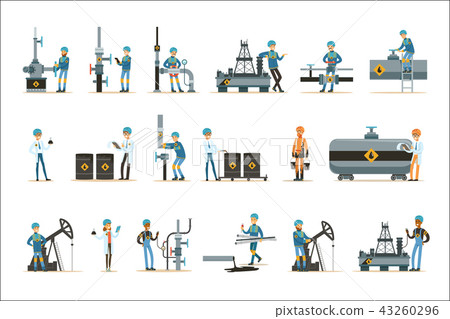 Happy People Working In Oil Industry Set Of... - Stock Illustration ...