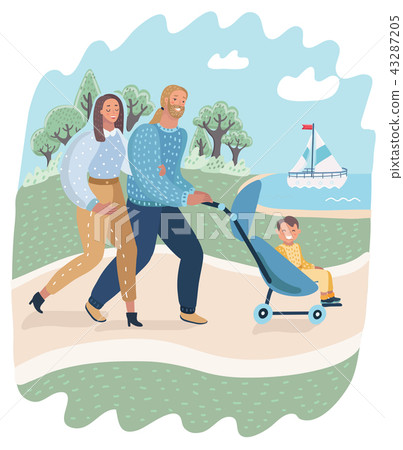 Parents and child in pram or carriage walk in park - Stock Illustration ...