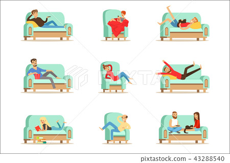 People Resting At Home Relaxing On Sofa Or... - Stock Illustration ...