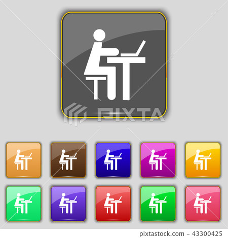 Businessman working on computer icon sign. Set wit - Stock Illustration ...