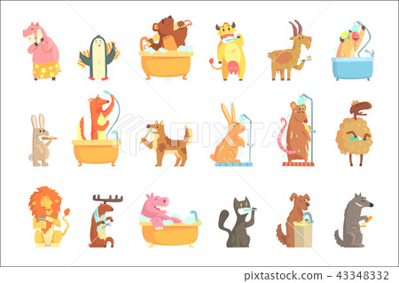 Cute animals bathing and washing in water, set... - Stock Illustration ...