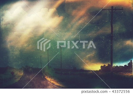 Moody dark rural road lined with telegraph poles - Stock Illustration ...