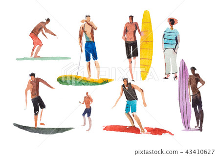 Surfing characters on surfboards. Watercolor... - Stock Illustration ...