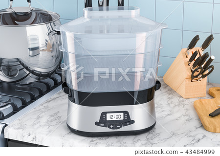 Food steamer on the kitchen table. 3D rendering - Stock Illustration ...