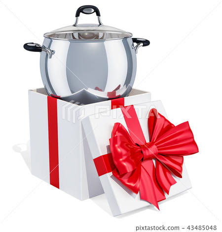 Gift concept. Cooking stainless pot inside gift - Stock Illustration ...