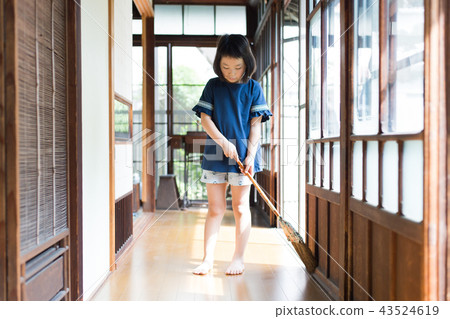 Elementary school girl sweeping and cleaning... - Stock Photo [43524619 ...