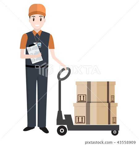 Man with boxes and hand pallet jack lift icon - Stock Illustration ...