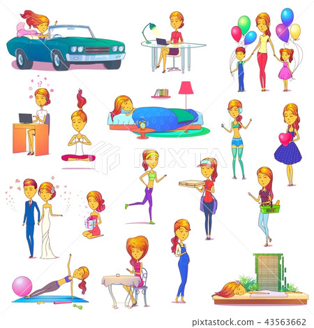 Set of isolated lady or woman, girl activity - Stock Illustration ...