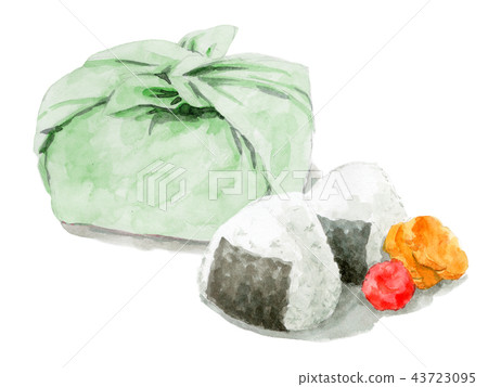 Watercolor wrapped lunch box and rice ball - Stock Illustration ...