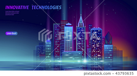 Smart city 3D neon glowing cityscape.... - Stock Illustration [43793635 ...