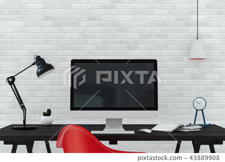 Interior of working area with computer. 3d render - Stock Illustration ...