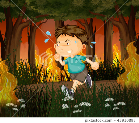 A boy run away from wildfire forest - Stock Illustration [43910895] - PIXTA