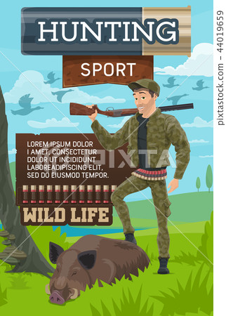 Hunter put leg on boar, hunting club poster - Stock Illustration ...